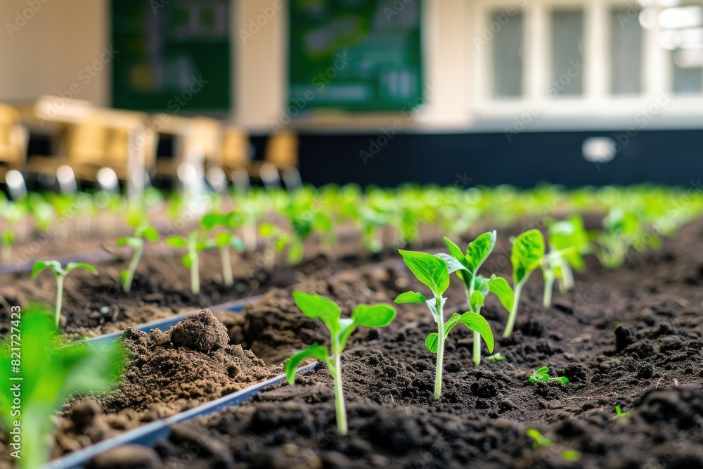 Young plants sprouting in neatly organized rows in a soil bed under a ...