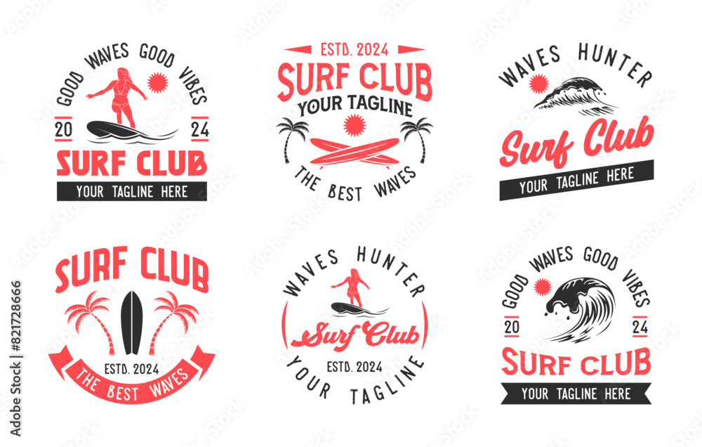 Vintage Surf club vector logo set template. Set of surfing emblems ...