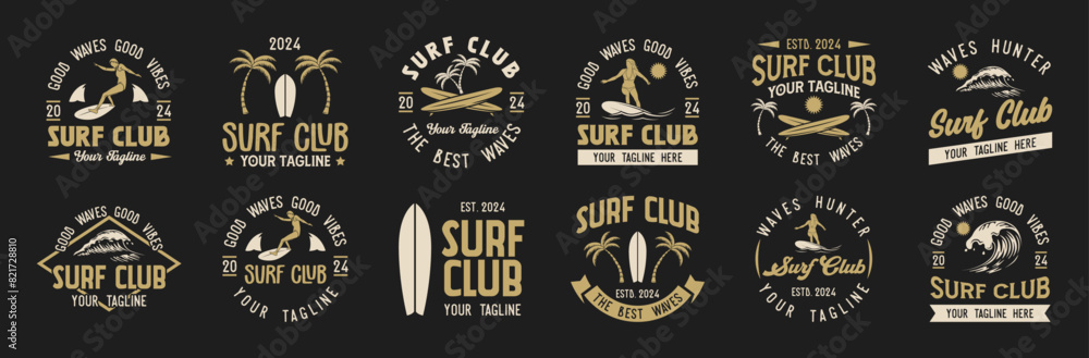 Vetor de Vintage Surf club vector logo set template. Set of surfing ...