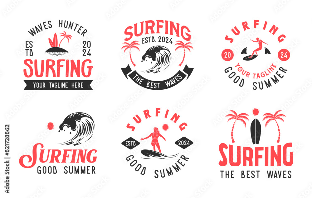 Vintage Surf club vector logo set template. Set of surfing emblems ...