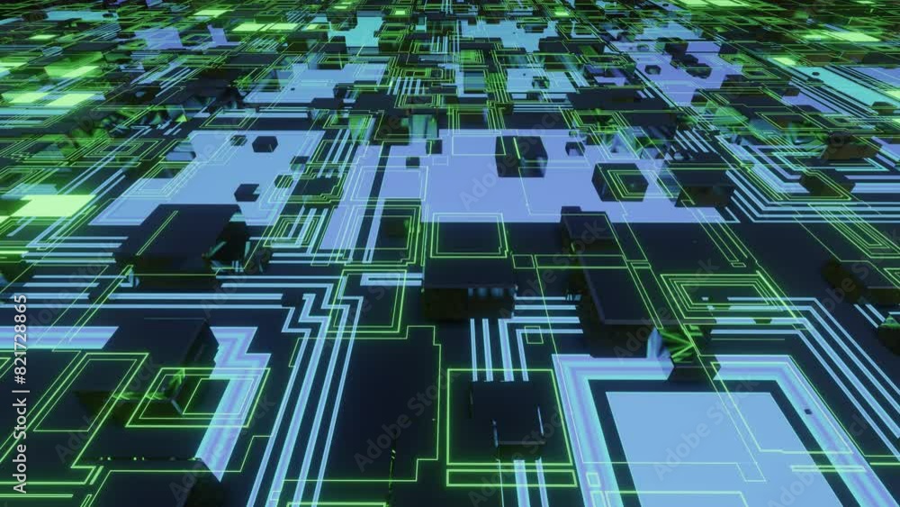 4k looped animation. Flight over hi tech pattern on plane surface, neon ...