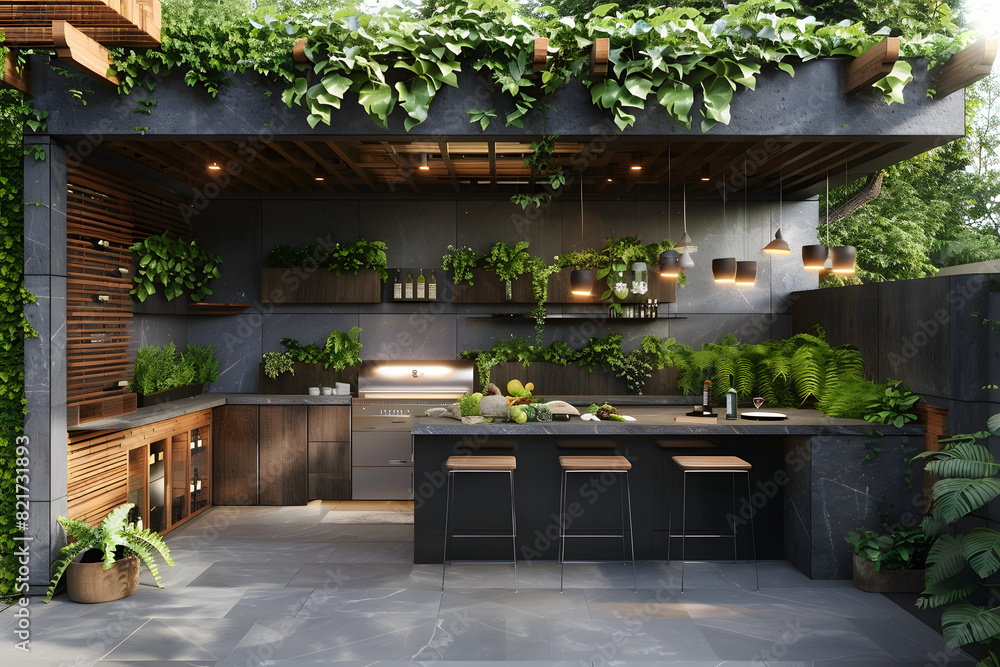 Outdoor entertainment area with builtin barbecue bar and lush plants ...