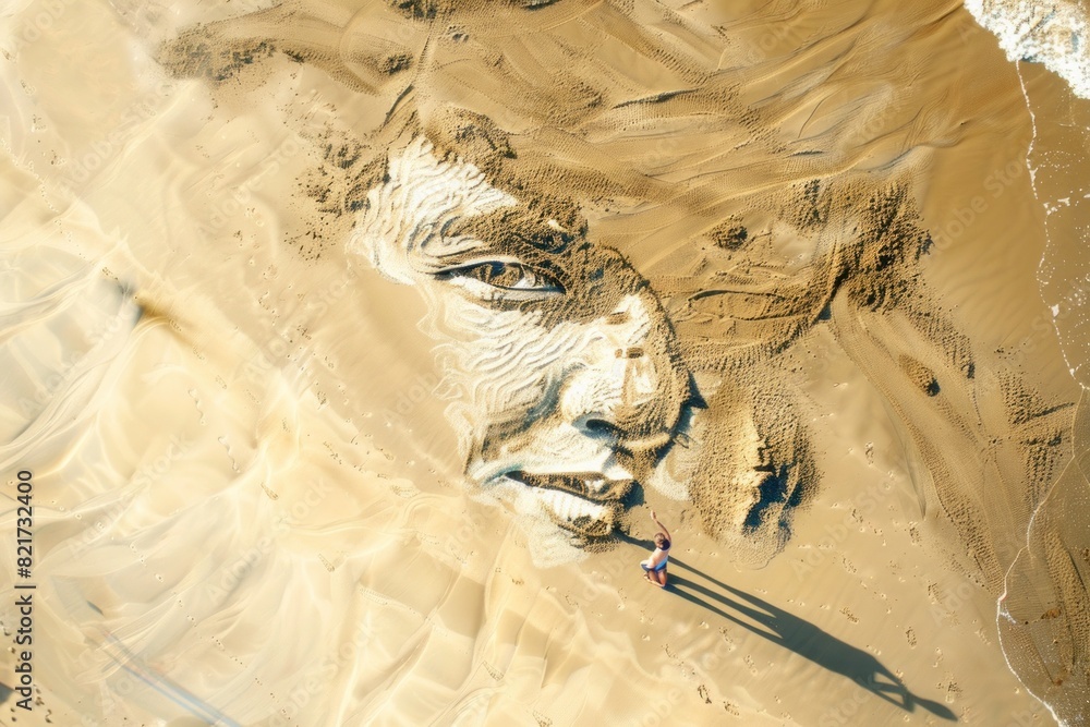 Aerial view of a large-scale sand portrait on a beach, with a person ...