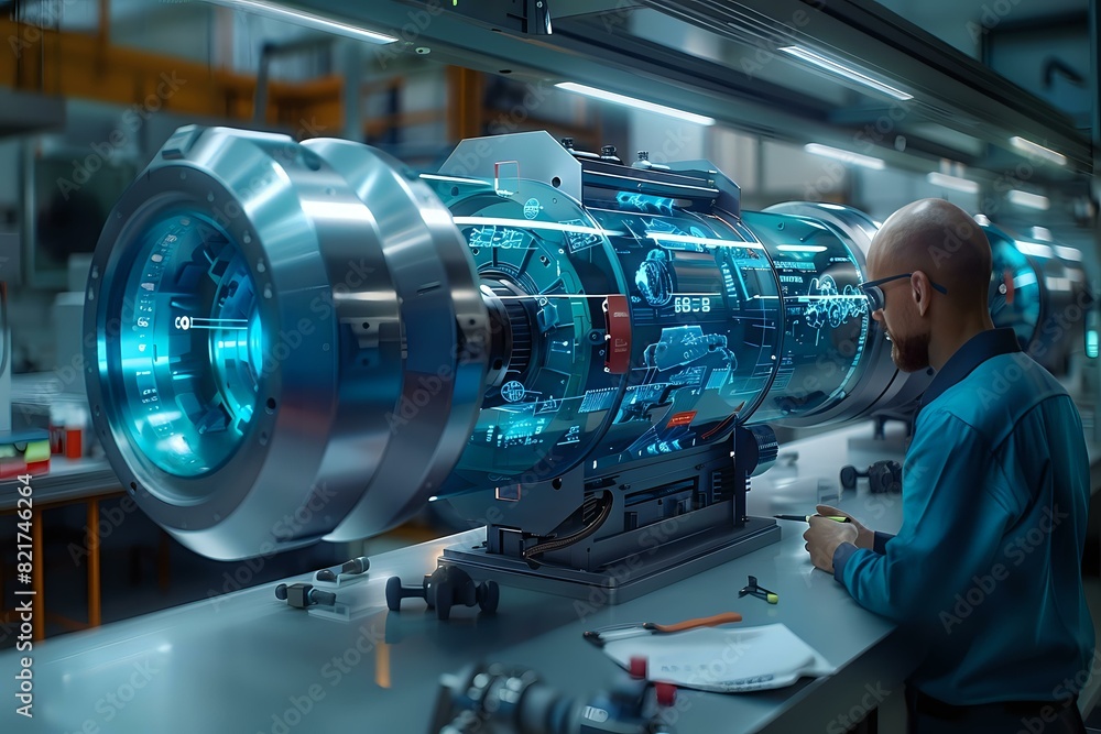 Engineer's work environment with iconic industry symbols and tools ...