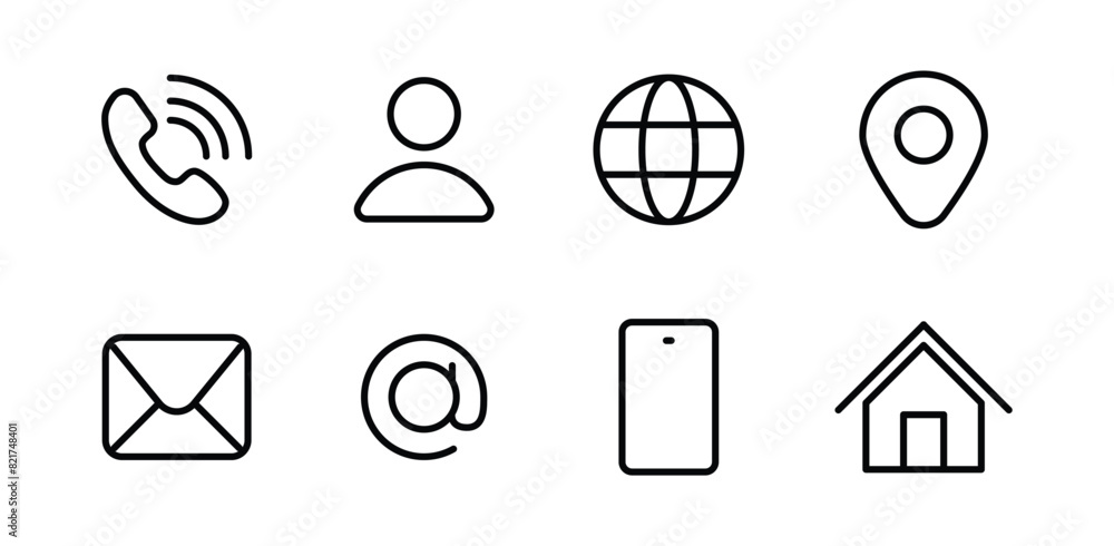 Business card icon set in line style. Contact information, Home, Phone ...