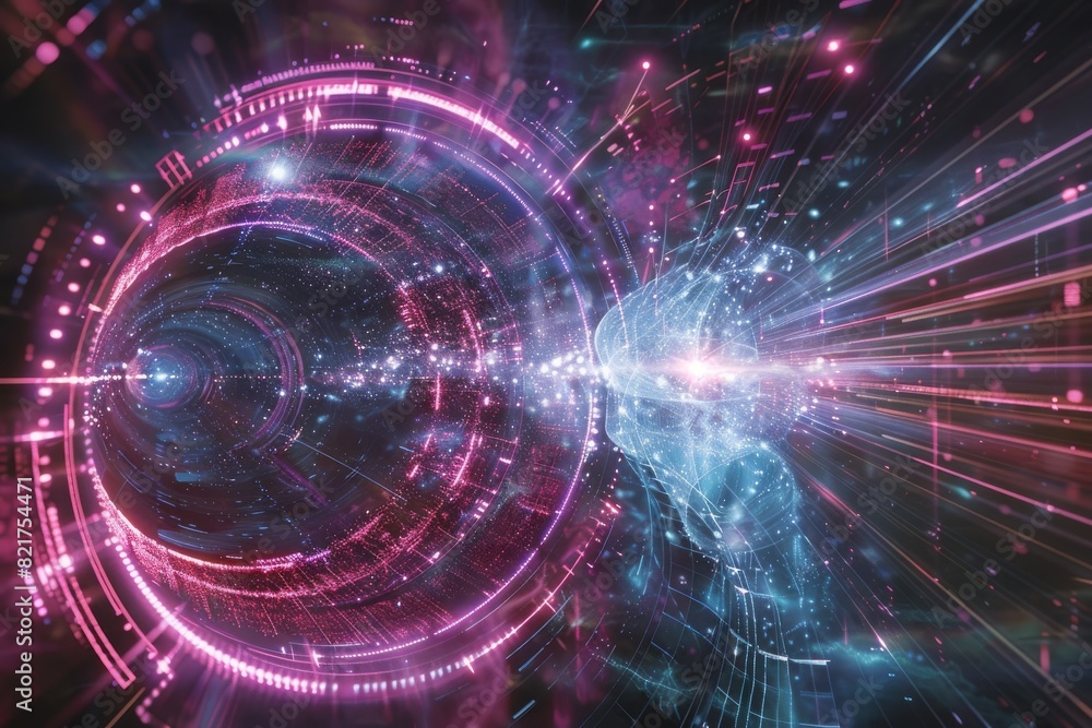 Artistic depiction of quantum particle behavior in a digital space ...