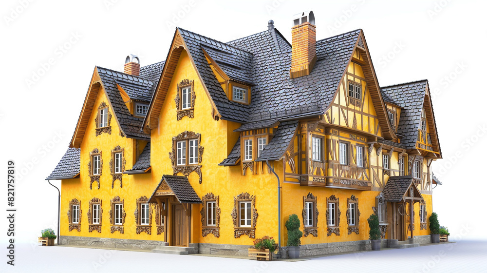 A traditional German-style home in 3D, featuring a bright yellow ...