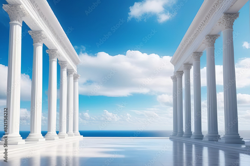 Majestic Greek-style columns against a bright blue sky with fluffy ...