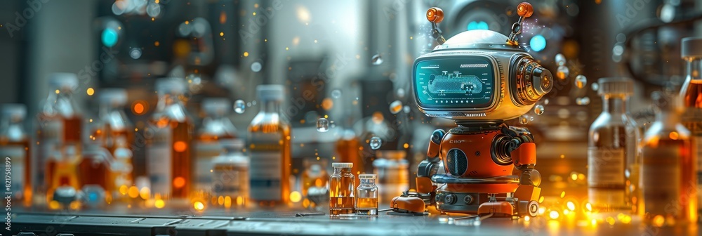 cute robot sitting multiple floating holographic screens, illustrating ...