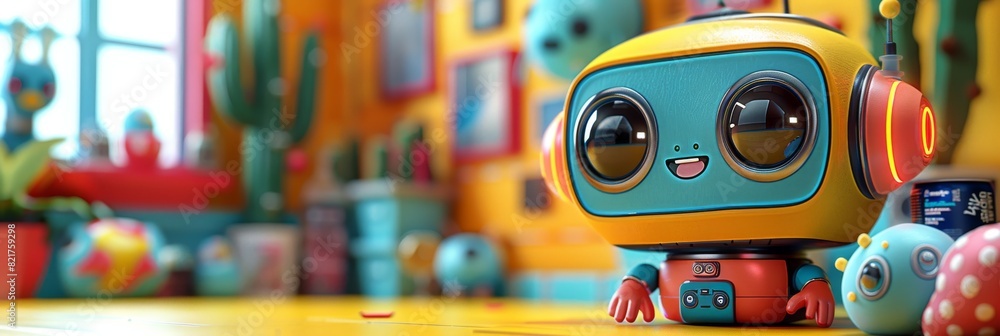 cute robot sitting multiple floating holographic screens, illustrating ...