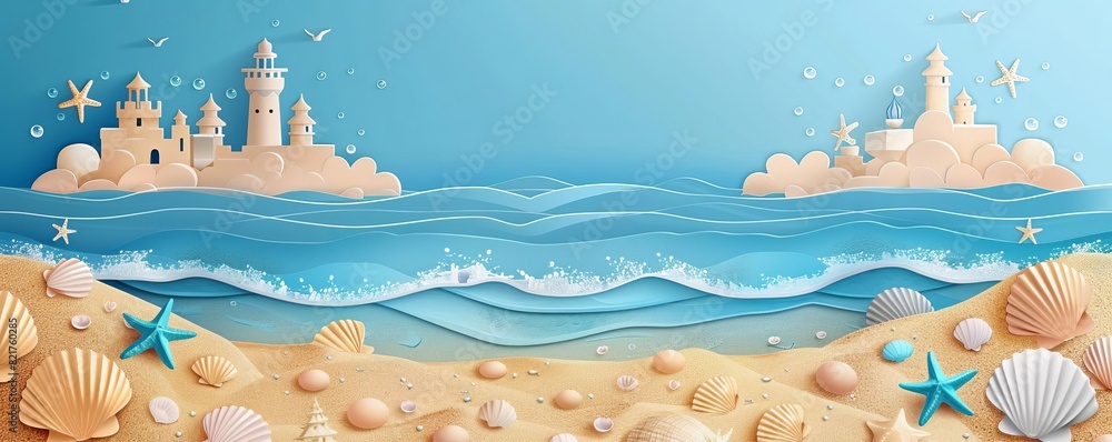 Beach background with sandcastles and starfish in the style of paper ...