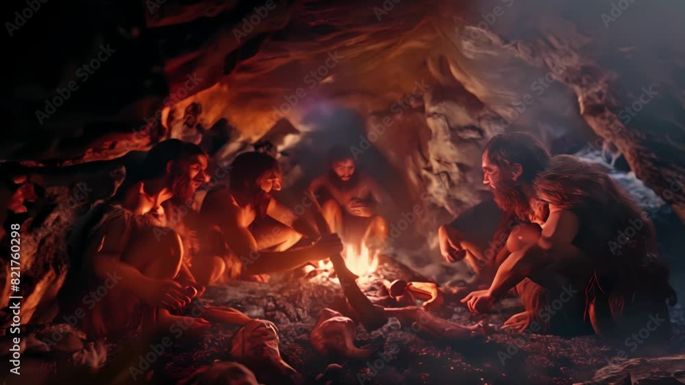 The cave residents gathered around the campfire. Stone age people with ...