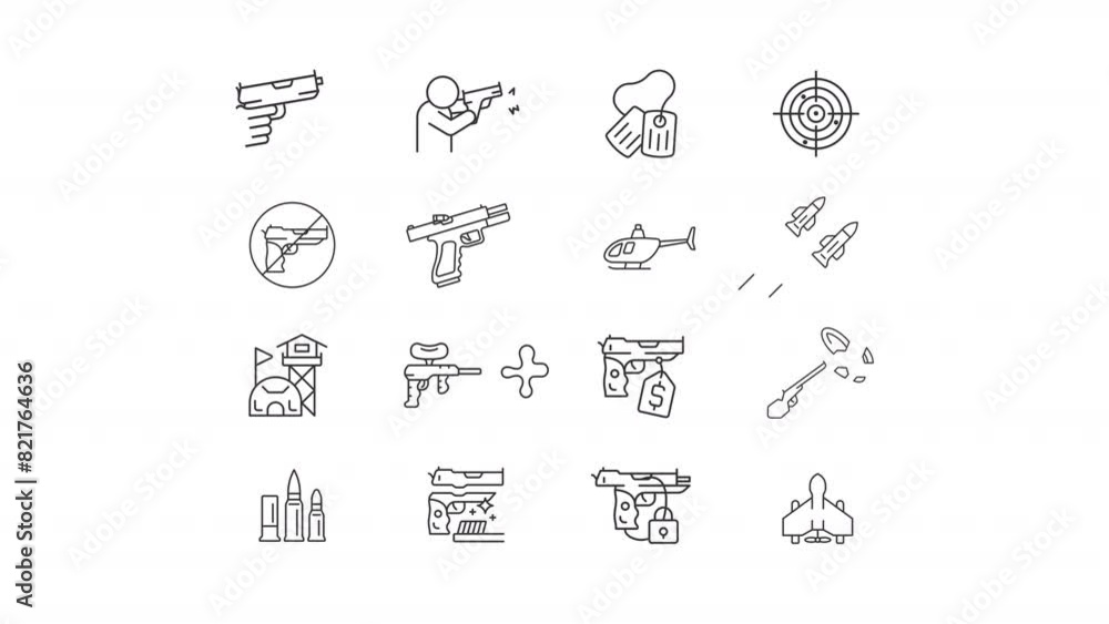 Animated weapons related icons. Armed forces line animation library ...