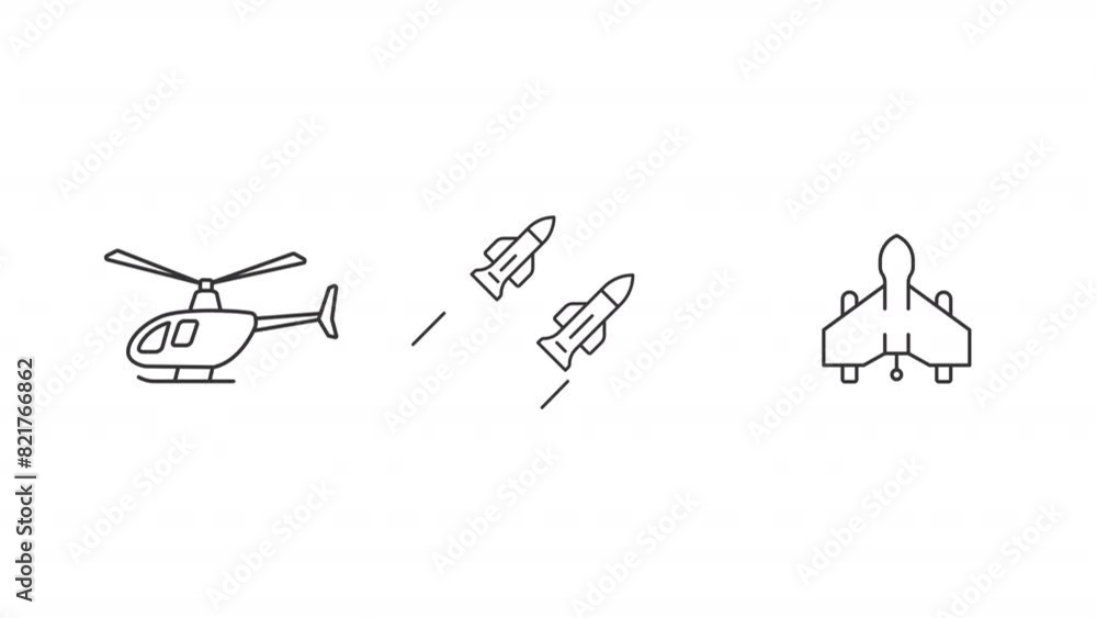 Animated air forces icons. Flying vehicles line animation library ...