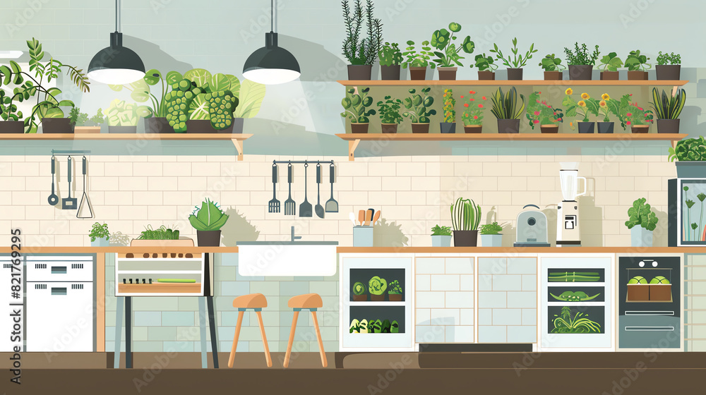 Urban farming setup flat design side view chic kitchen cartoon drawing ...