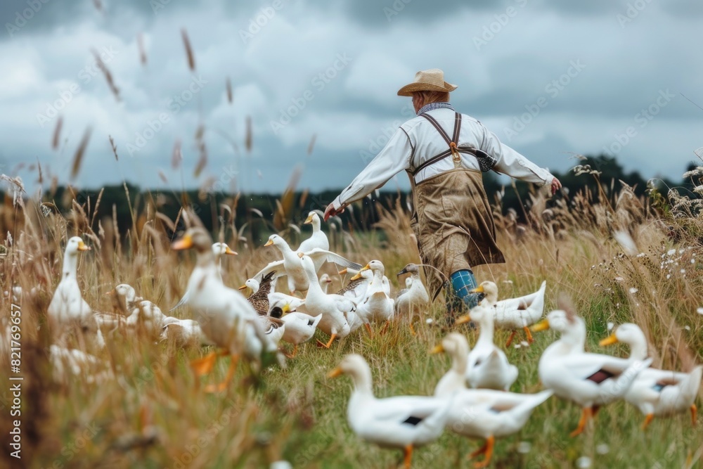 An elderly Caucasian man herding a group of ducks in a lush field ...