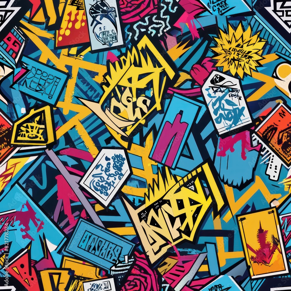 Seamless pattern of graffiti tags and signatures layered over abstract ...
