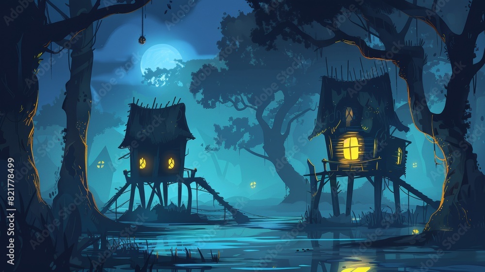 Stilt house on swamp in night forest. Old shack with glow windows in ...