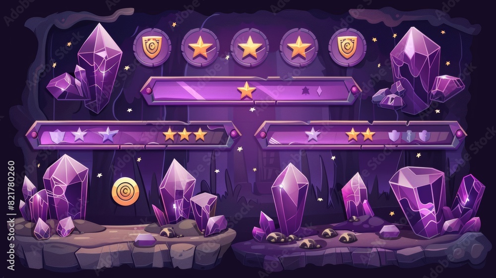 An interface board for a video game featuring a level score and menu ...