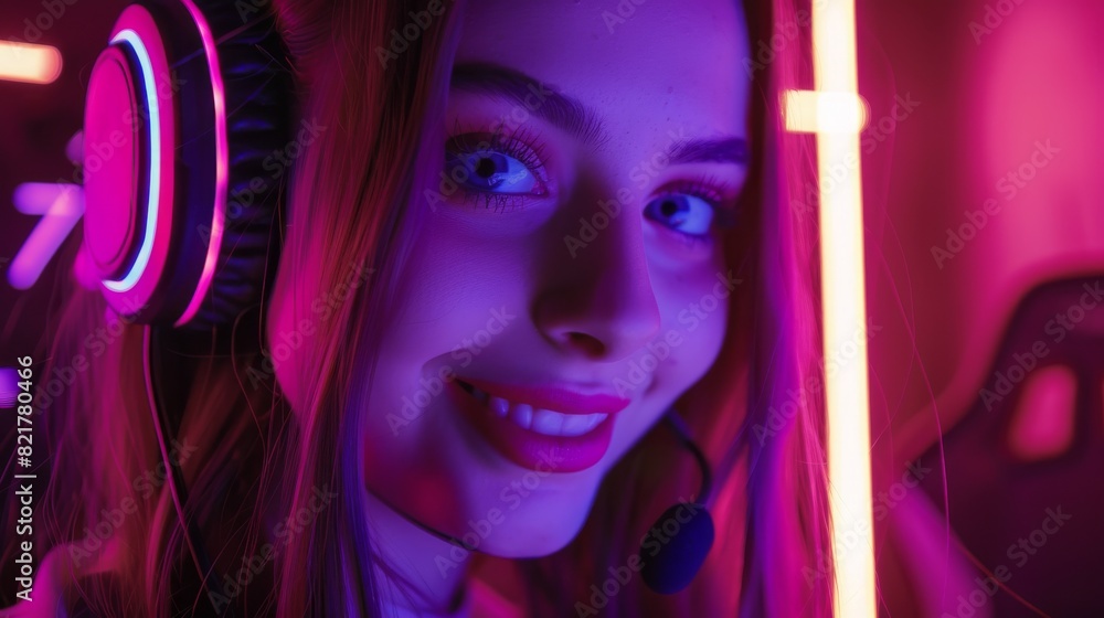 Streaming of a video game with a beautiful friendly pro gamer girl ...