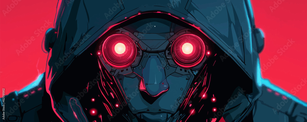 Cyborg head with red light eyes in a hood vector cartoon cyberpunk ...