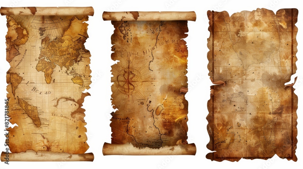 Modern old scroll papyrus parchment paper map background set. Isolated ...