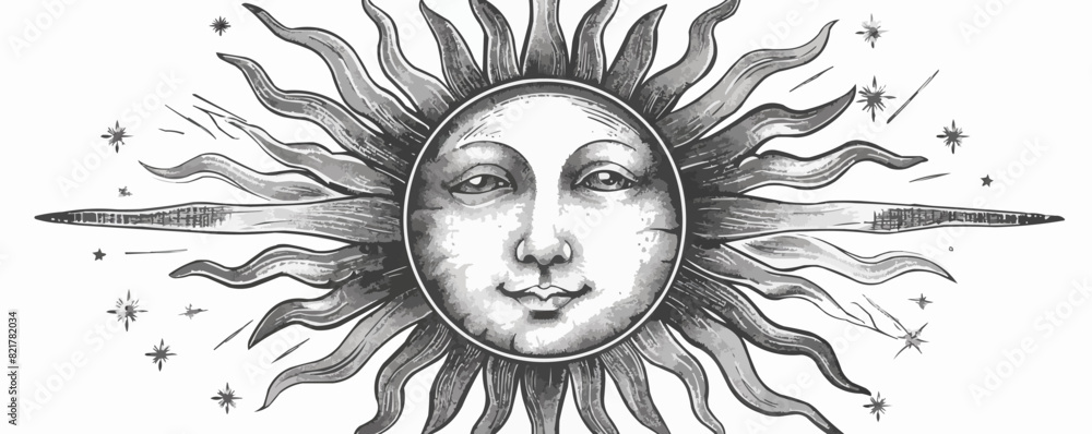 Hand drawn sun with face, decor element. Astrology symbol in vintage ...