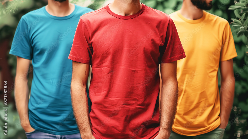 Three men are standing in a green field wearing different colored t ...