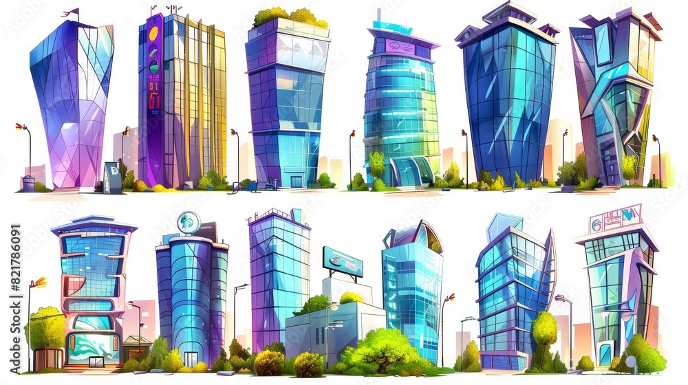 An illustration of a skyscraper building set in a modern city. View of ...