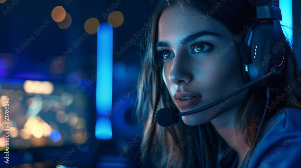 In the underground gaming club, a beautiful professional female gamer ...