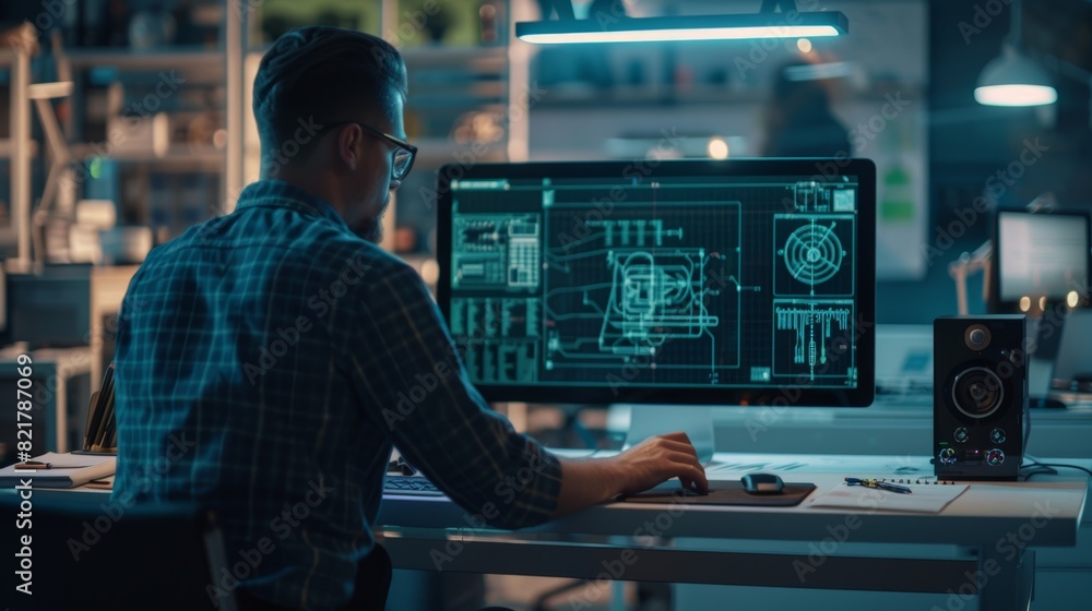 Over the shoulder photograph of an engineer working with a mock-up ...