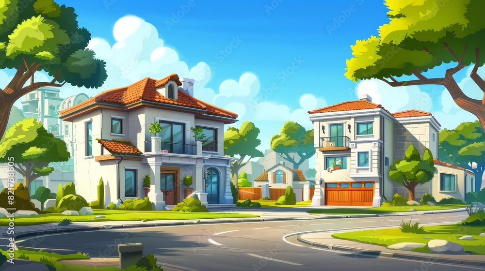 A cartoon illustration of suburban houses, suburban streets, and ...