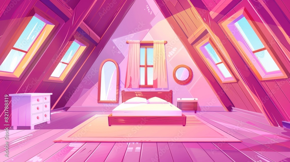 Interior of a loft hotel apartment with uncovered bed, mirror, dressing ...