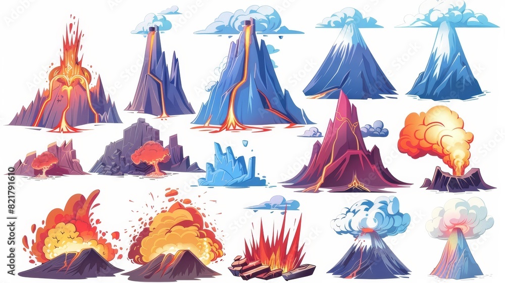 In different stages of volcanic eruption, lava flows, fire burns ...