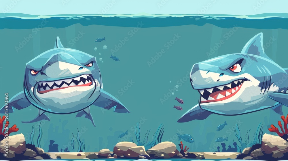 Cartoon banner with shark on sea or ocean bottom surrounded by rocks ...