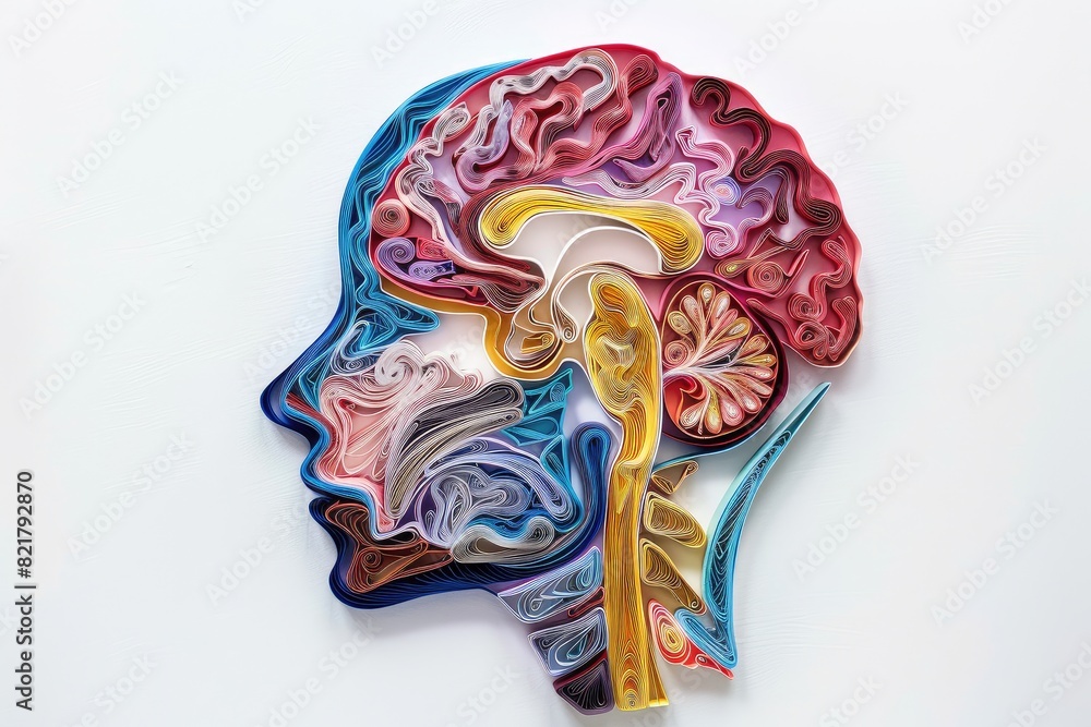 The image shows a colorful illustration of a human brain. The brain is ...
