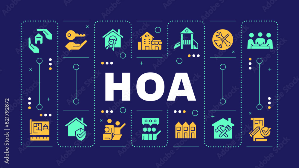 HOA blue word concept. Property value, real estate. Visual ...