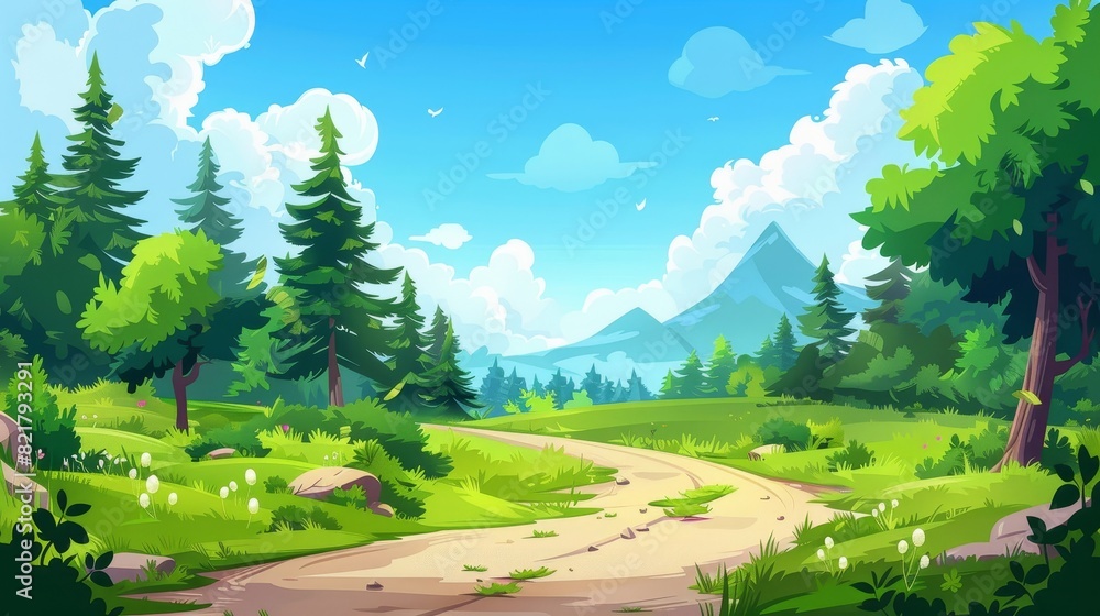 The modern illustration shows an animated 2D scene with a dirt road ...