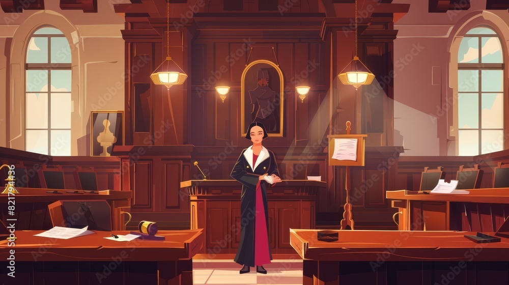 Modern illustration of female lawyer in black robe and court room ...