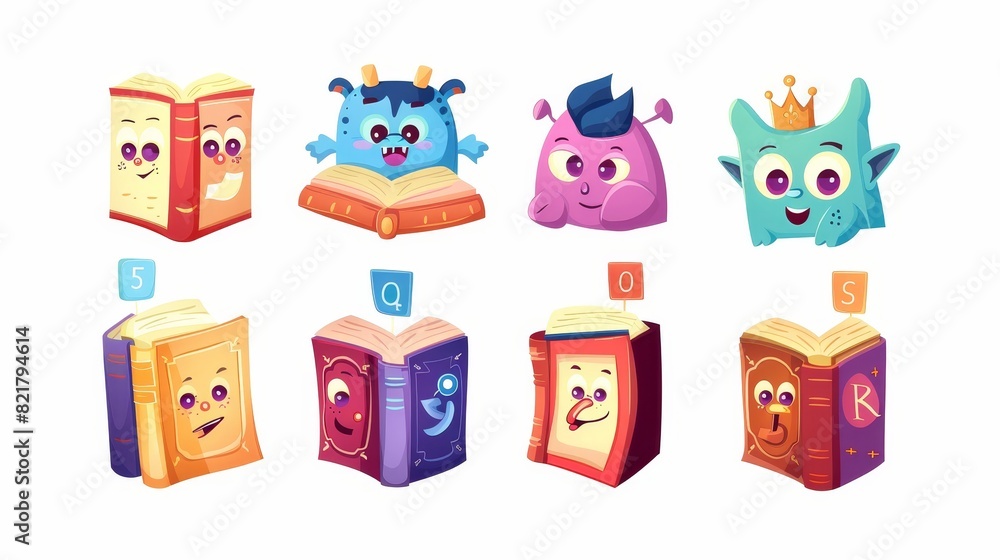 Cartoon characters with bookmarks and faces holding books. Isolated on ...