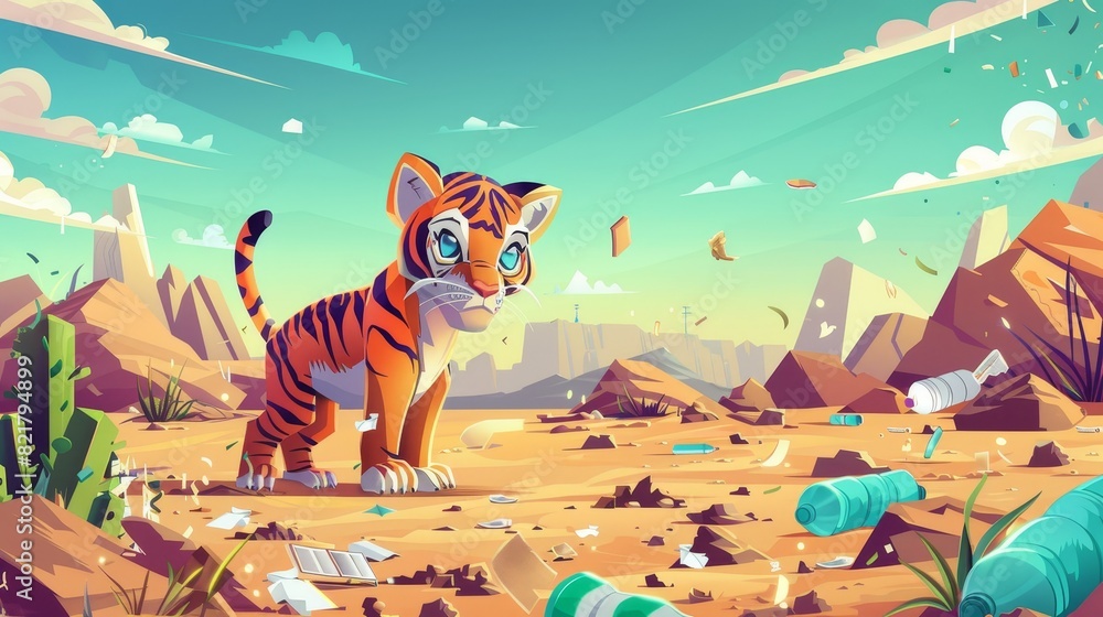Cartoon web banner depicting a wild tiger cub in a dirty African desert ...