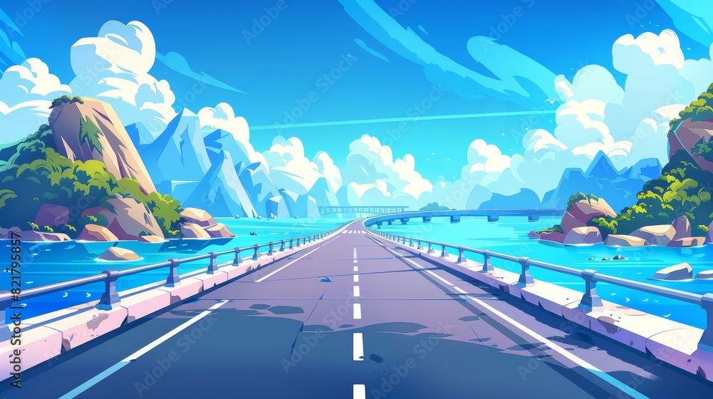 Highway, overpass, empty road at summer landscape with mountains and a ...
