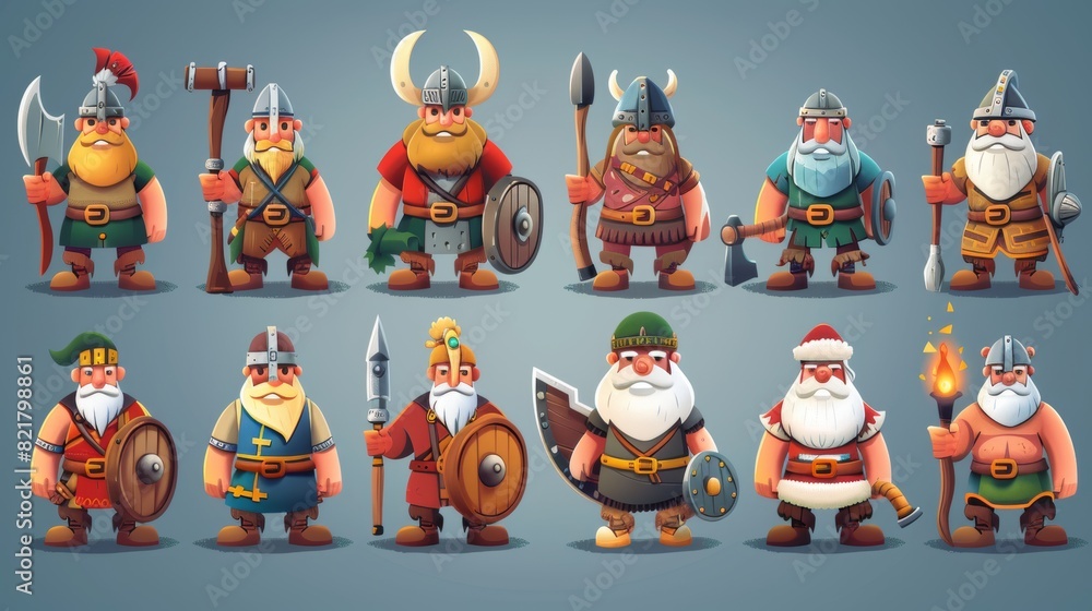 Viking cartoon with various weapons. An ancient scandinavian warrior ...
