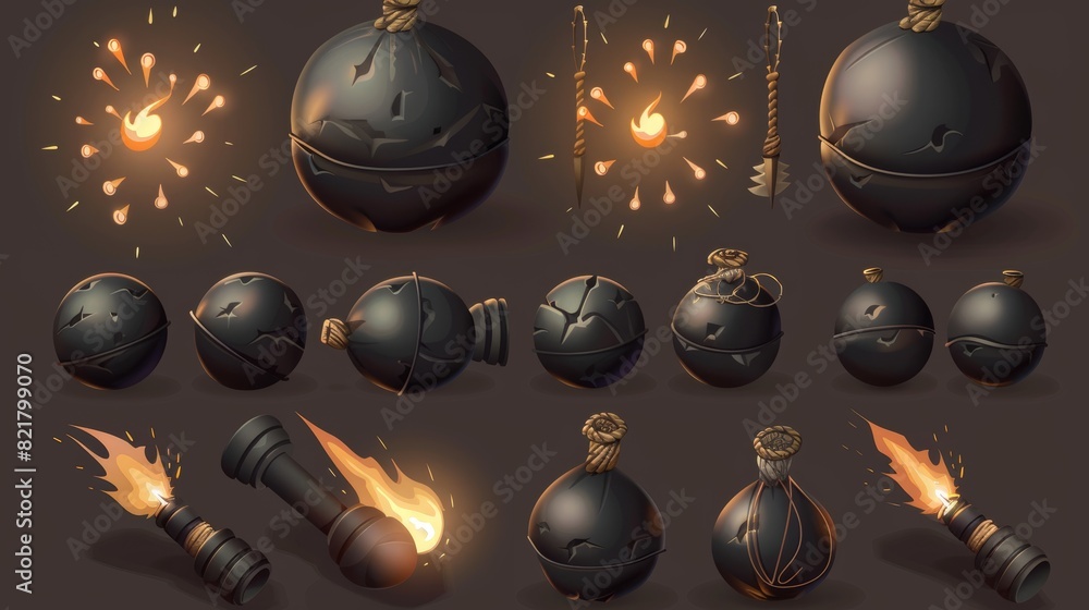 Firecrackers or explosive military TNT weapon with a glowing wick ...