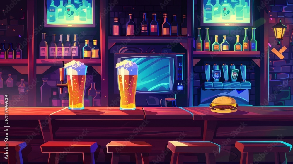 Modern illustration of a pub interior with cartoon beer glasses ...