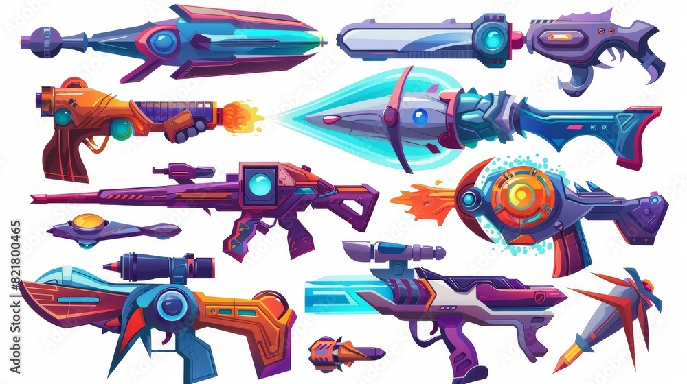 Futuristic alien weapons, laser guns, space blasters, modern cartoon ...