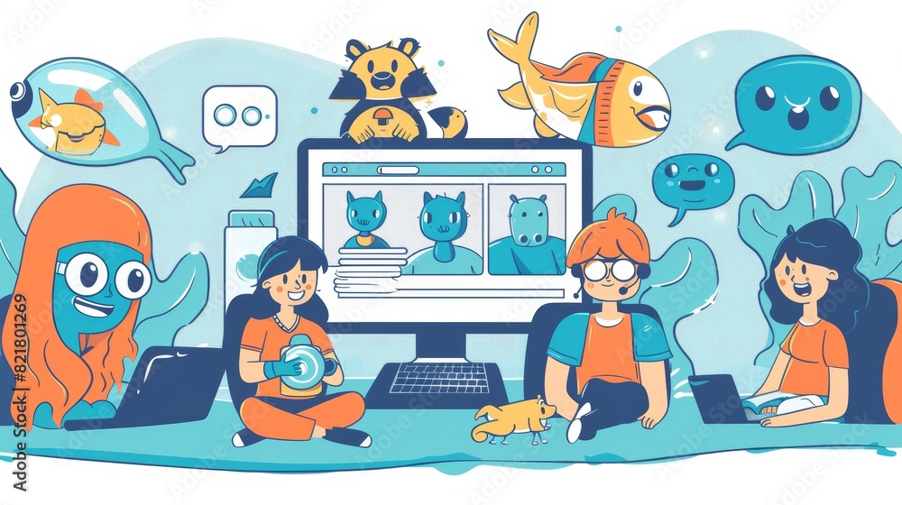 Characters that are part of an online meeting, video call. Cartoon ...