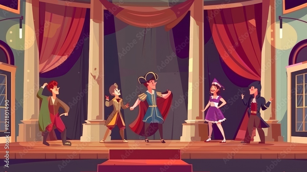 Children actors playing on a stage with red curtains, columns, and ...