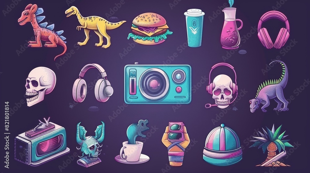 A psychedelic retro rave sticker set with a funny burger, a coffee man ...