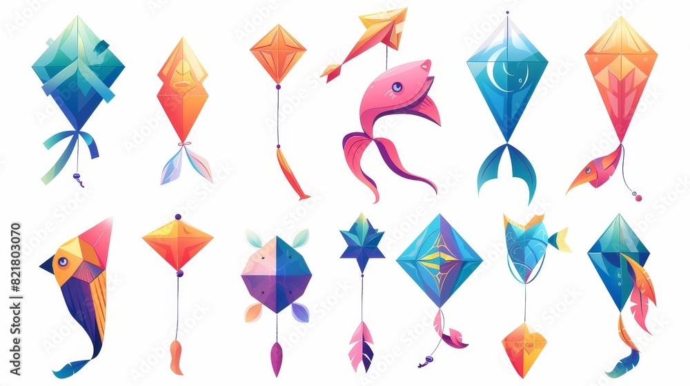 Kites in shapes of bird, fish, square, triangle, and rhombus shown in ...